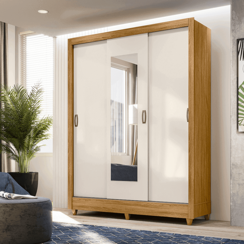 Roupeiro Moval 3 Portas Bolivia com Pés e Espelho - Freijo / Off White ...