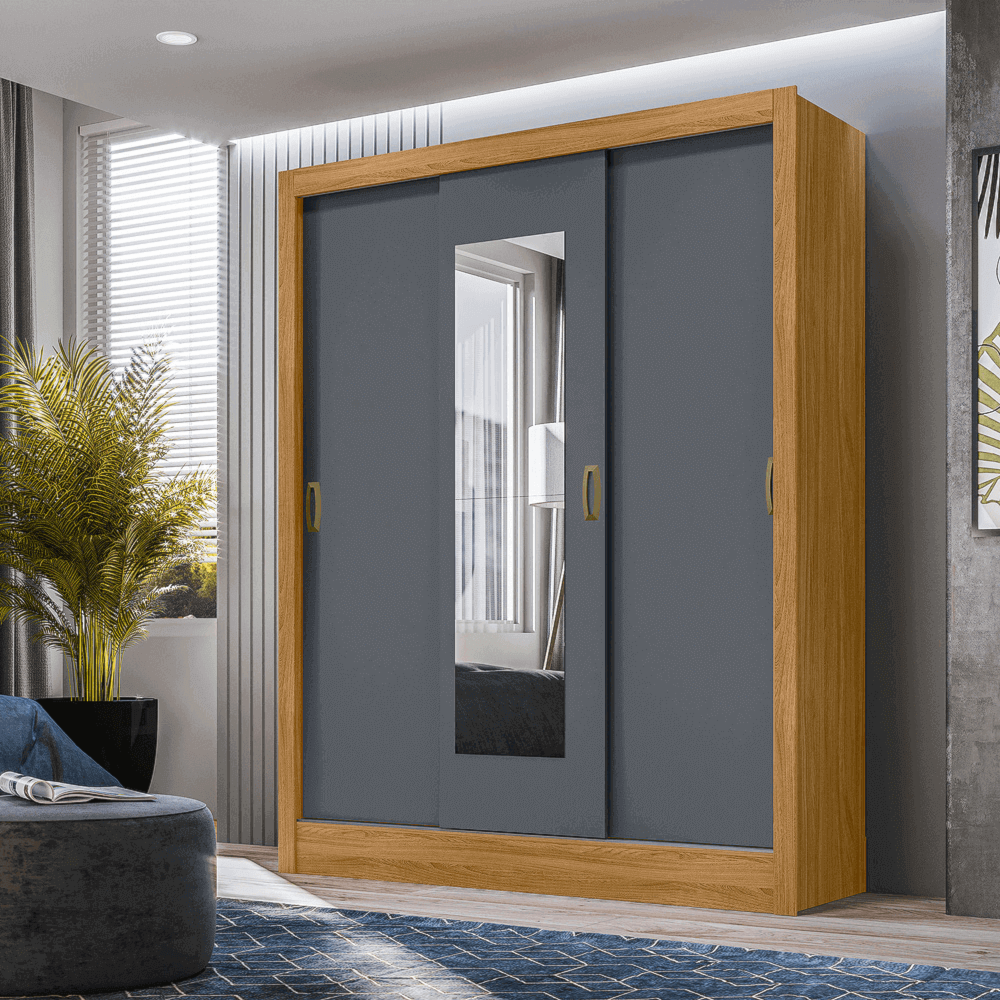 Roupeiro Moval 3 Portas de Correr Bolivia com Pés e Espelho - Freijo ...